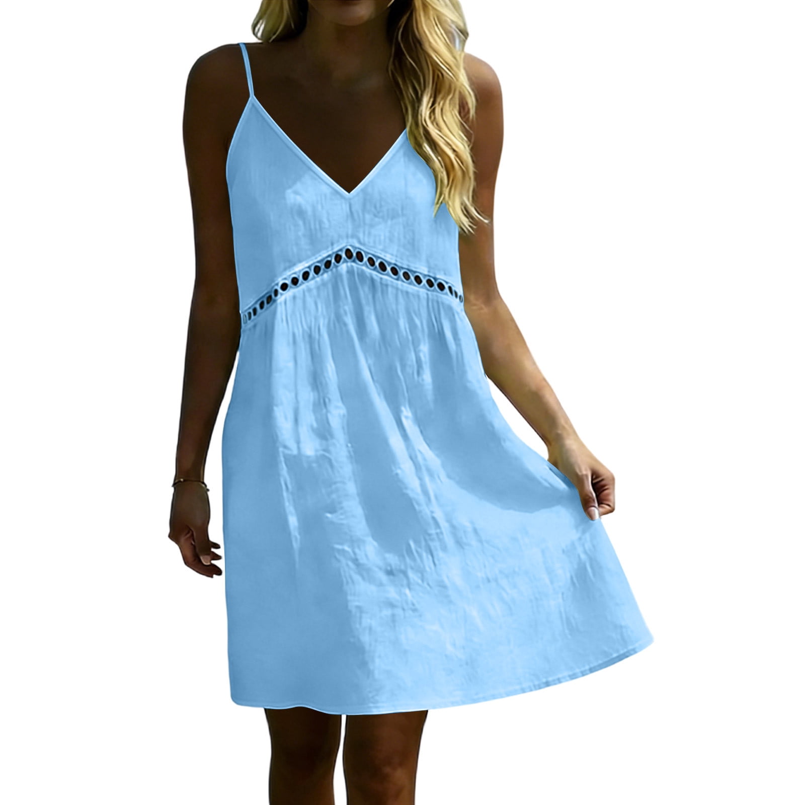 Boho Dress for Women V‑Neck Sleeveless Flowly Mini Dress Hollow‑Out ...