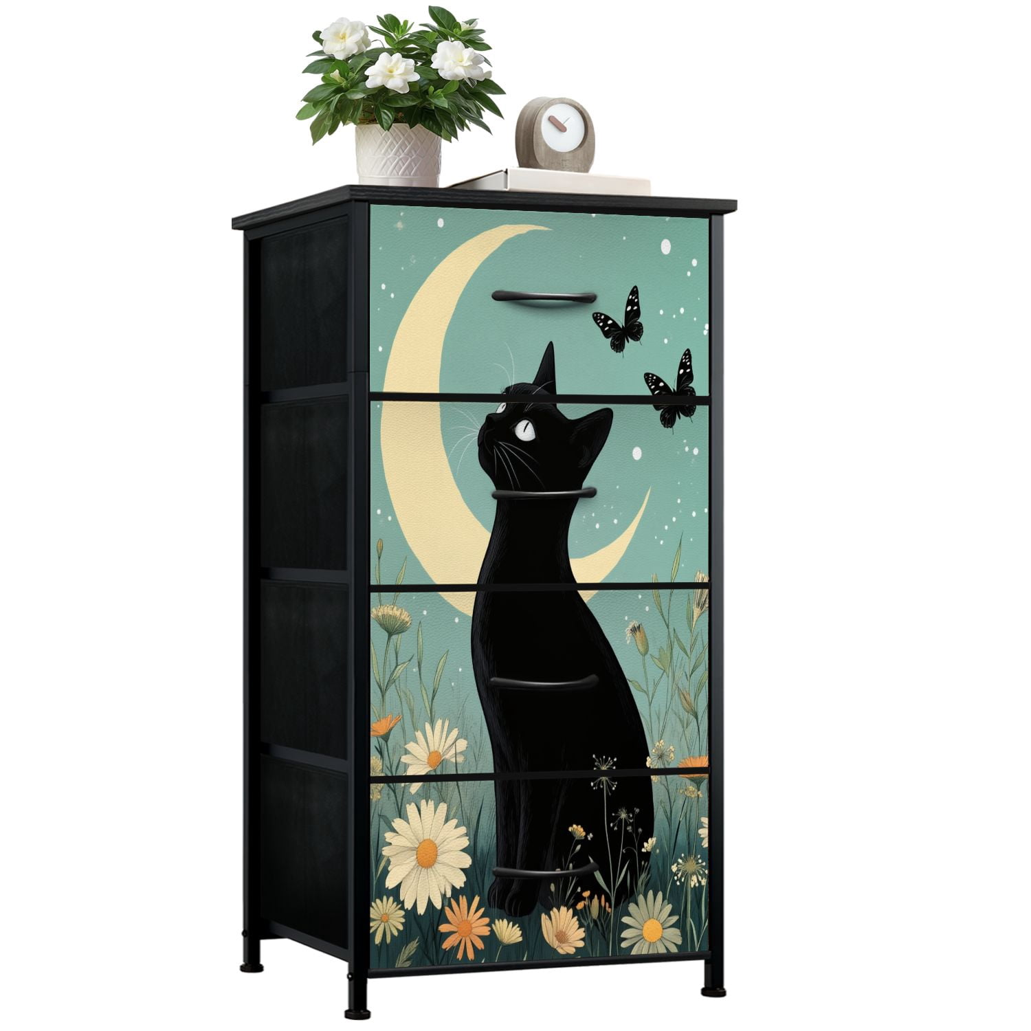 Boho Dresser for Bedroom with 4 Storage Drawers Moon Moody Animals Cat ...