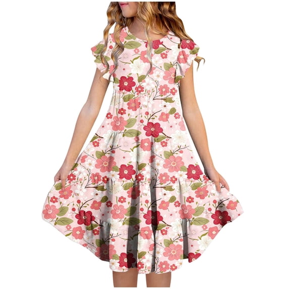 Boho Dresses for Girl Flutter Sleeve Floral Print Tiered Ruffle Party ...
