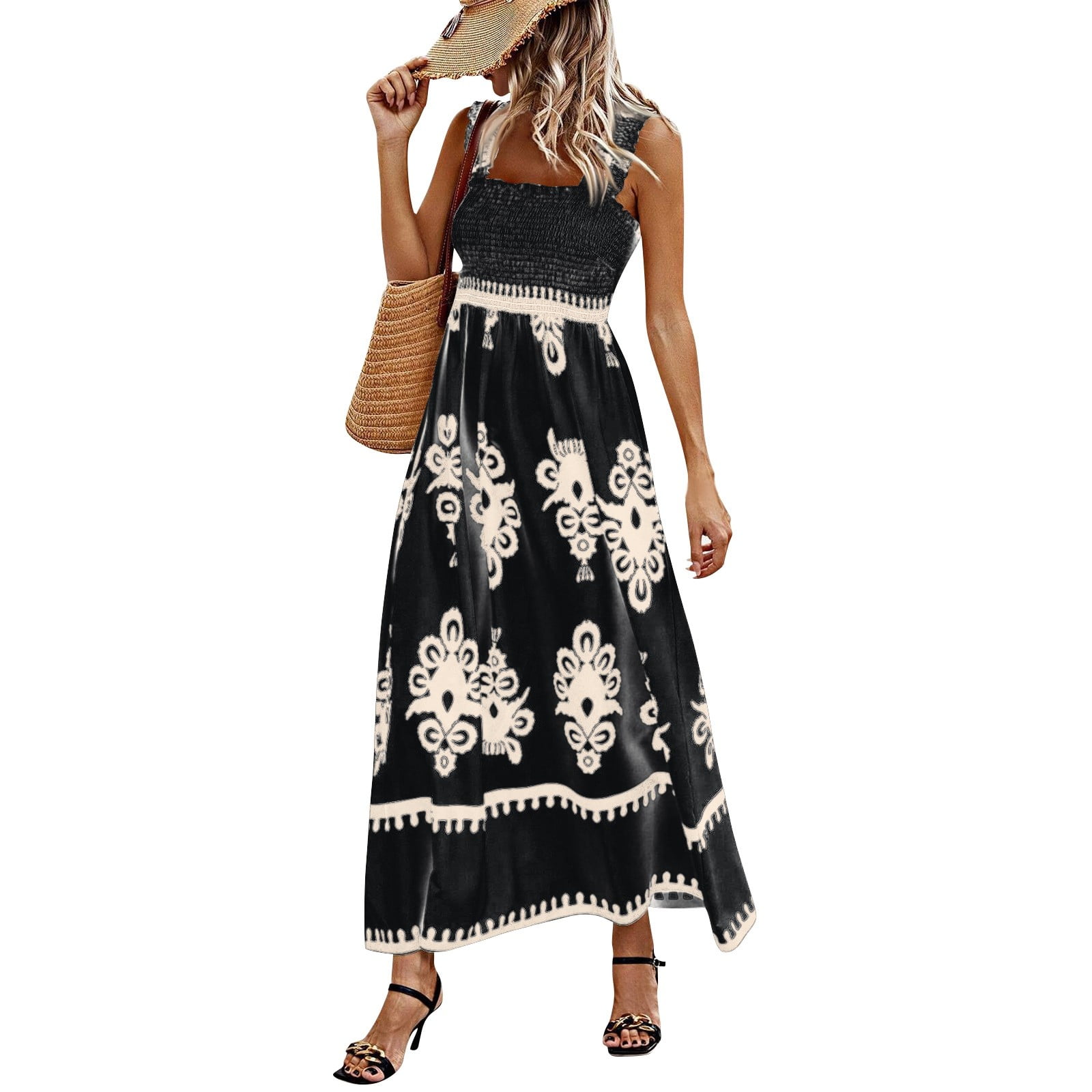 Boho Dresses for Women 2025 Sleeveless Square Neck Smocked Maxi Dress Casual A Line Flowy Beach ...