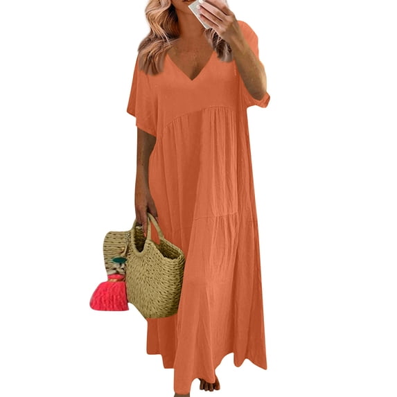 Boho Dresses for Women, Cotton Linen Loose Maxi Dress, V-Neck Short ...