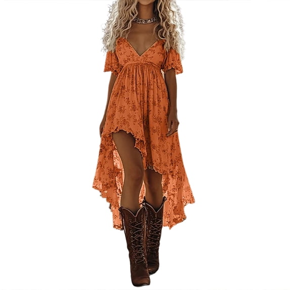 Boho Dresses for Women, Floral Chiffon High Low Dress, V-Neck Flowy ...
