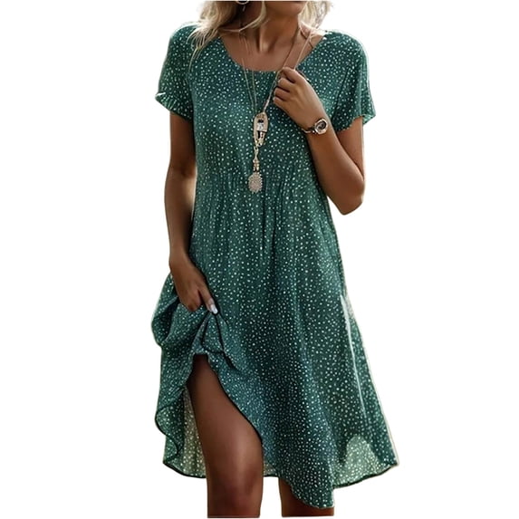 Boho Dresses for Women Floral Print Short Sleeve Dress Round Neck Loose ...