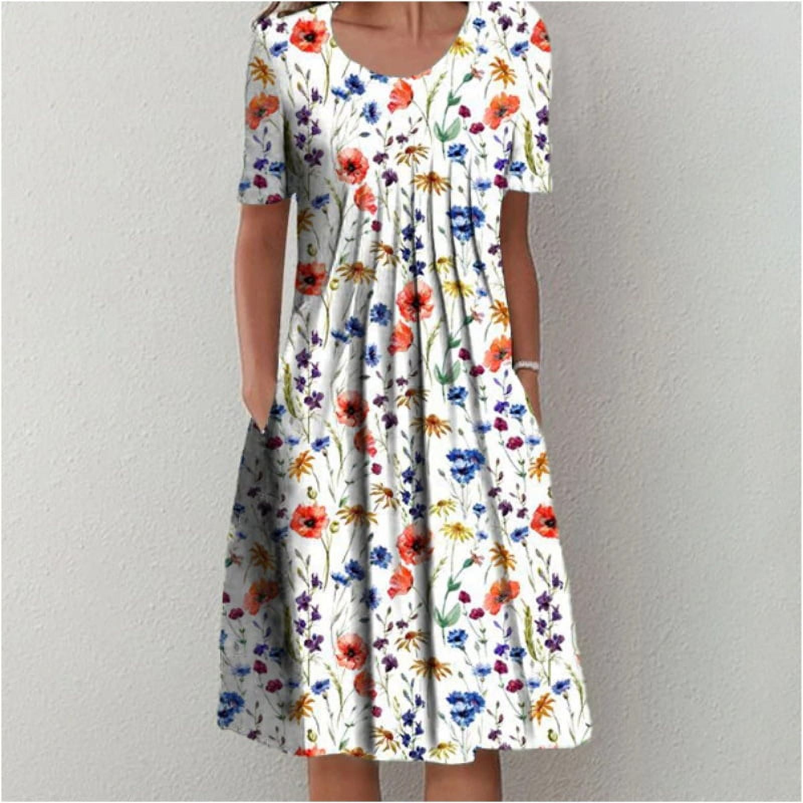 Boho Dresses for Women Floral Print Short Sleeve Tunic Dress Summer ...