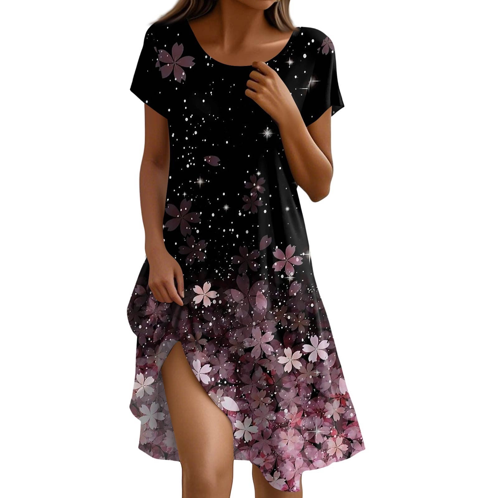 Boho Dresses for Women Round Neck Short Sleeve Floral Print Dress Loose ...