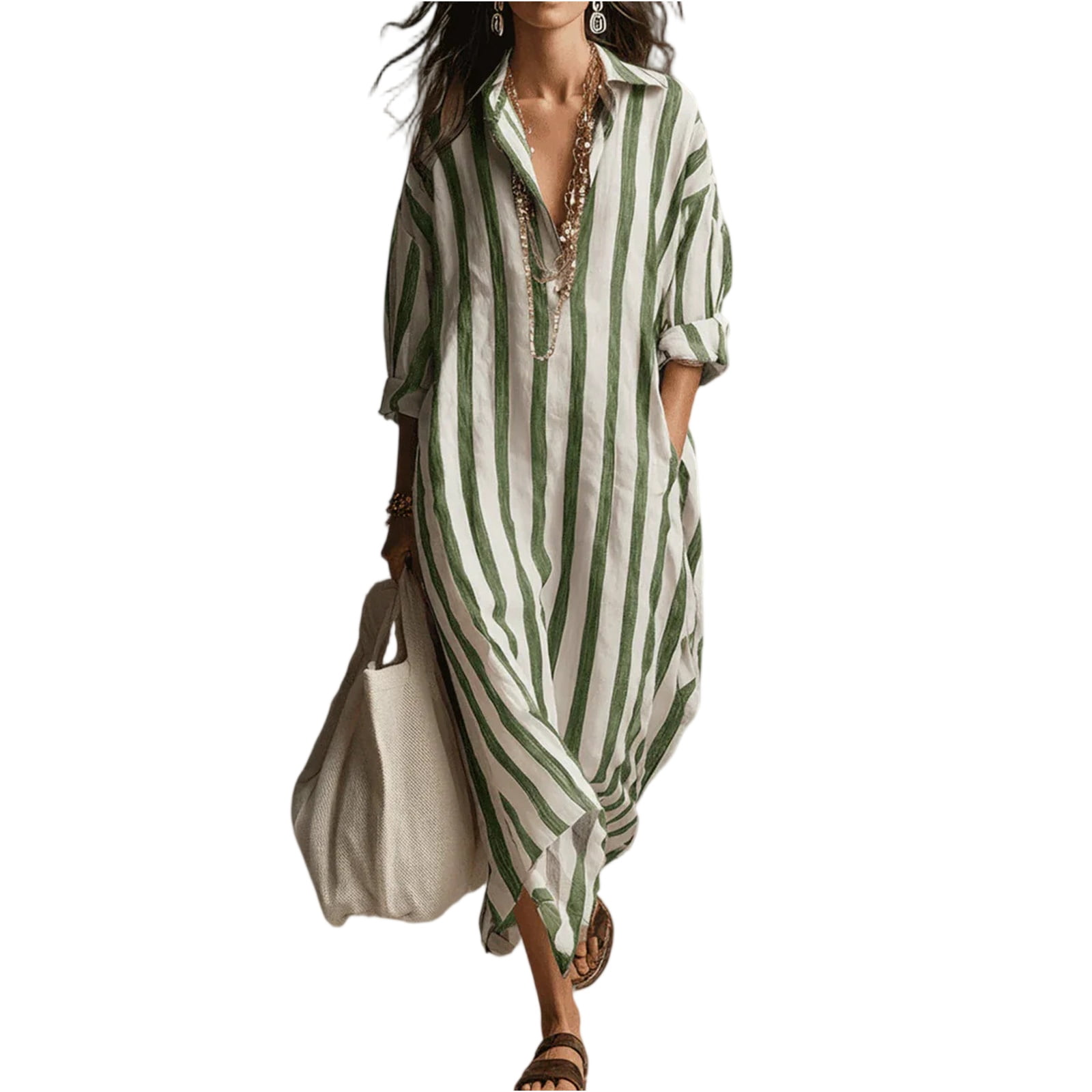 Boho Dresses for Women, Striped Linen Blend Shirt Dress, Loose-Fit Roll ...