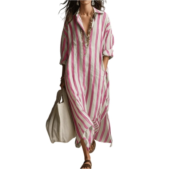 Boho Dresses for Women, Striped Linen Blend Shirt Dress, Loose-Fit Roll ...