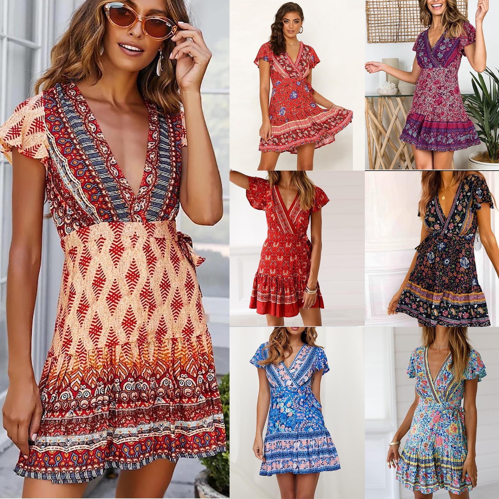 Boho Dresses for Women Summer V-neck Short Sleeve Sexy Off Shoulder ...