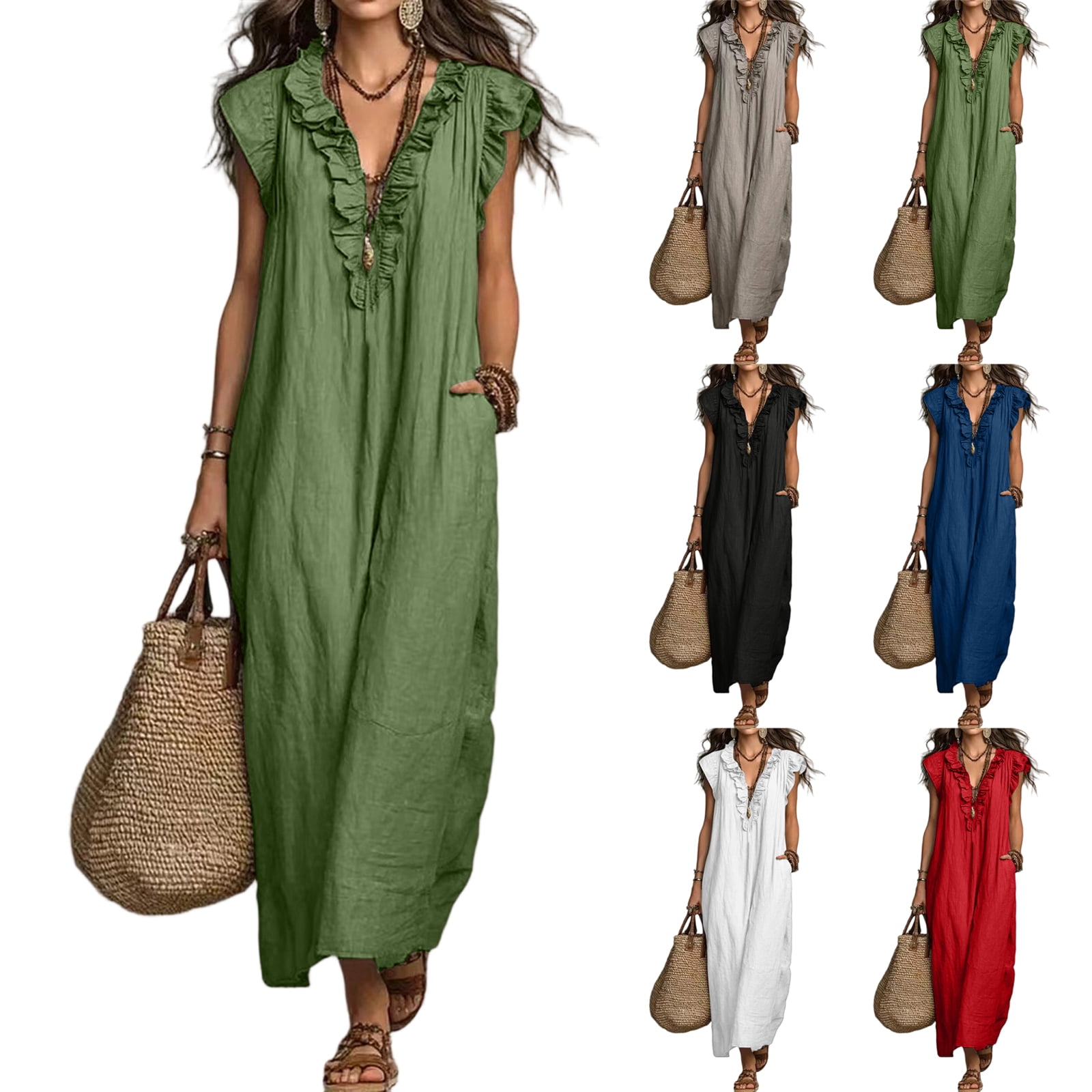Boho Dresses for Women V Neck Ruffle Cap Sleeve Maxi Dress Casual Loose ...