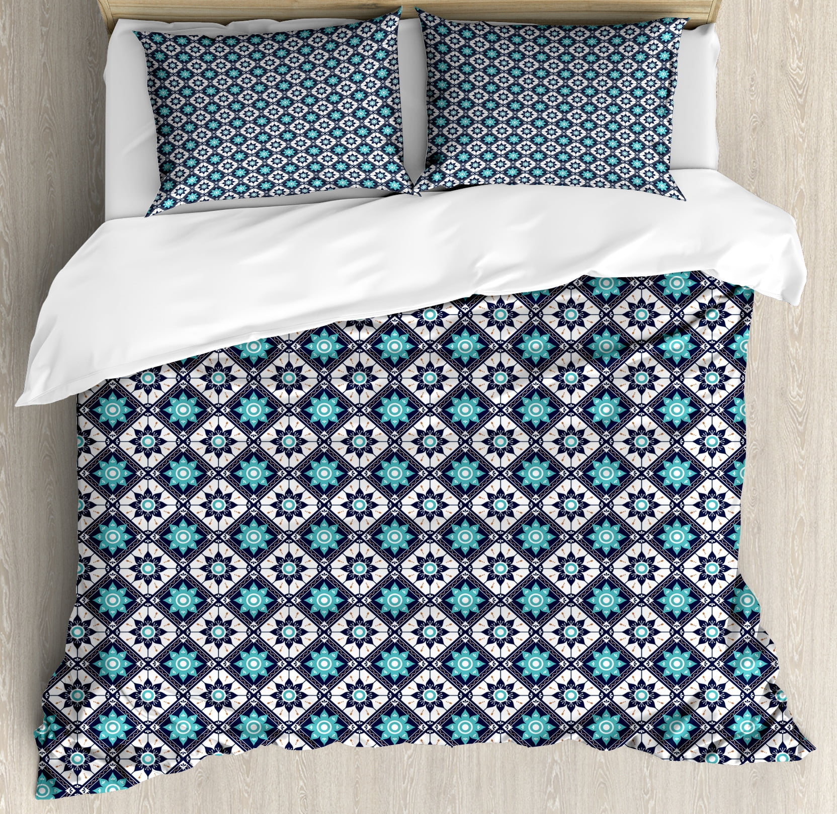 Boho Duvet Cover Set, Folkloric Morocco Tile Inspired Squares with Flowers, Decorative 3 Piece ...