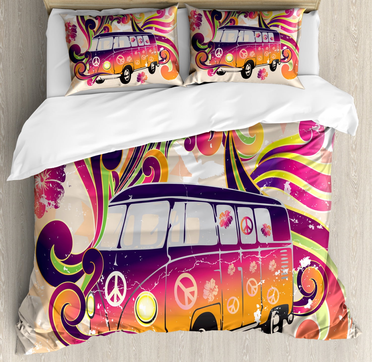 Boho Duvet Cover Set King Size, Peace Symbol Van Funny Minivan Explorer ...