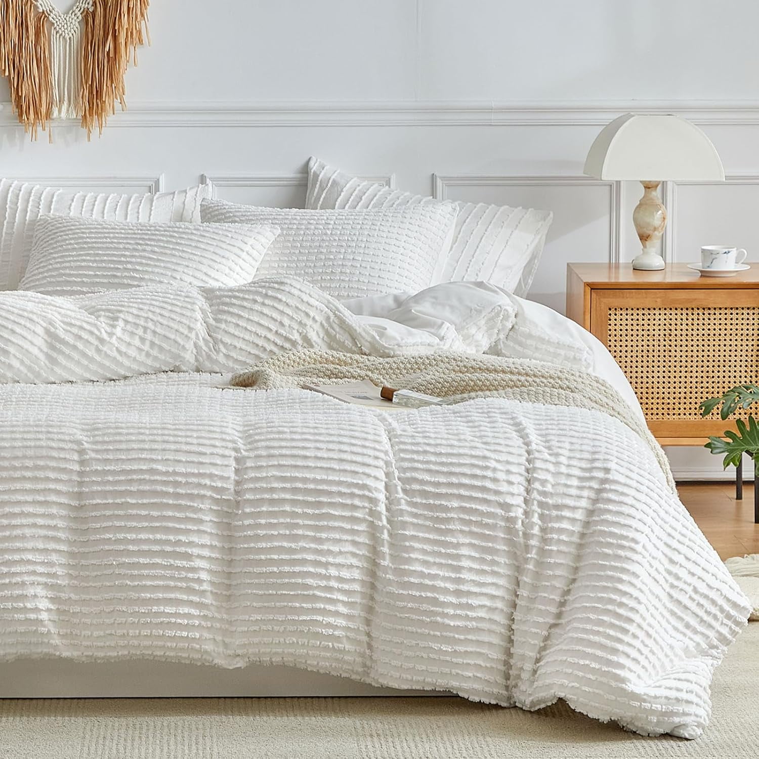 Boho Duvet Cover Set Queen Size,White Striped Duvet Cover Microfiber ...
