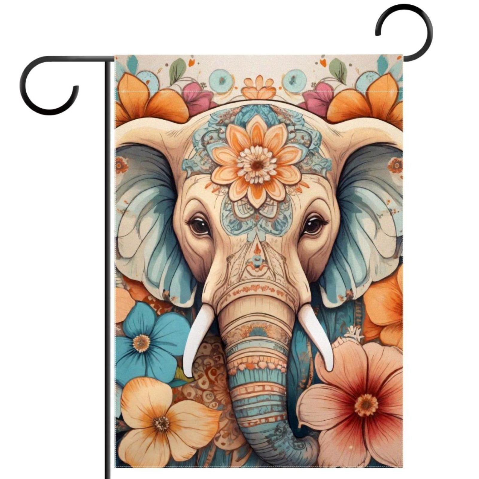 Boho Elephant Flower Art Pattern Decorative Garden Flag for All Seasons ...