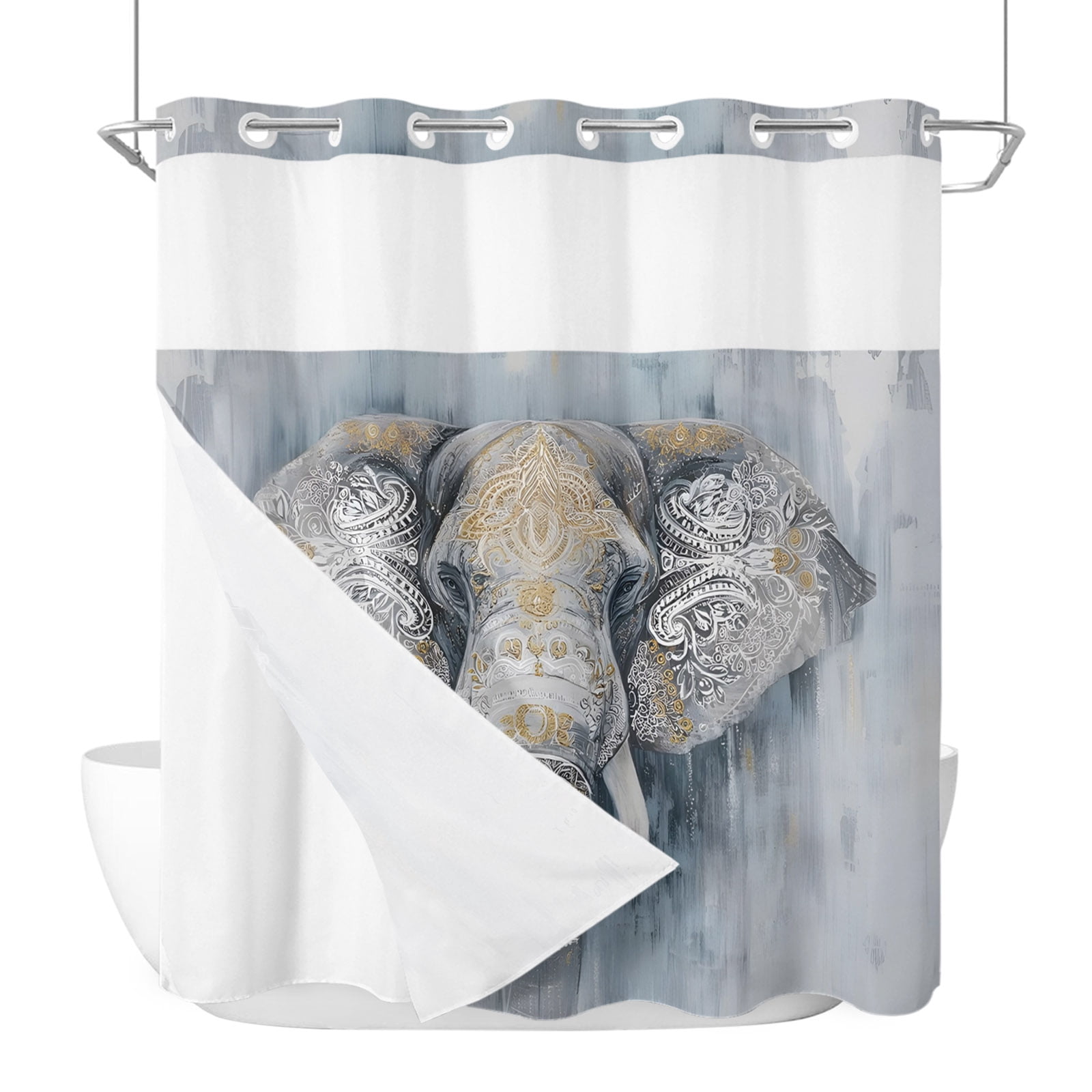 Boho Elephant No Hook Shower Curtain with Snap in Liner, Floral Pattern ...