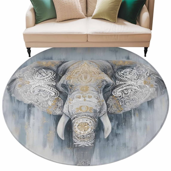 Boho Elephant Round Living Room Rugs 7 ft, Floral Pattern Animal ...