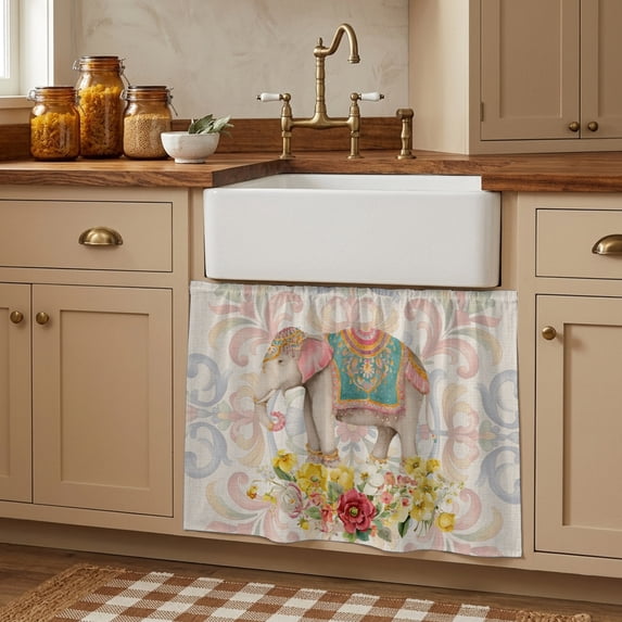 Boho Elephant Small Cabinet Curtains 10"W x 11"L, Farmhouse Ethnic ...