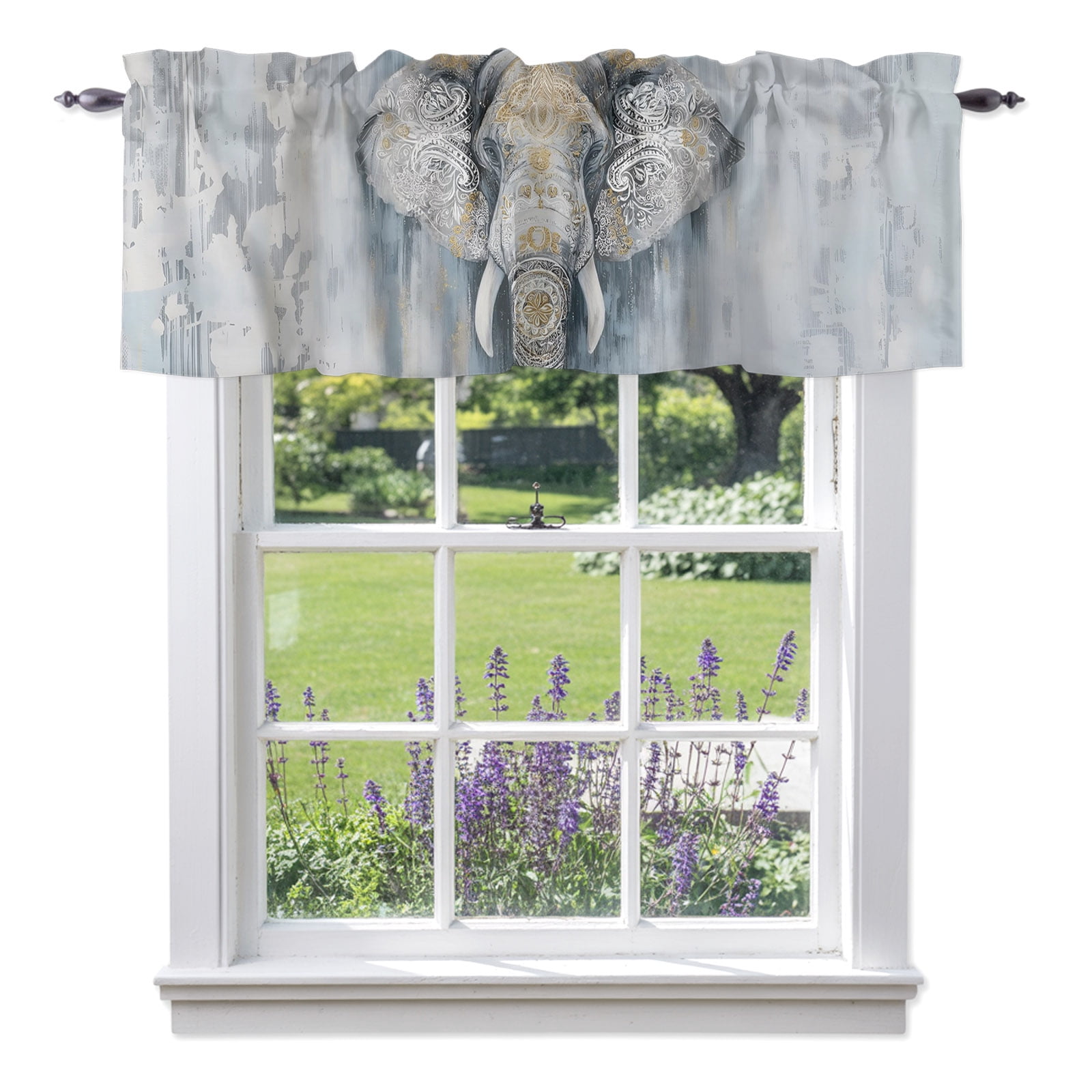 Boho Elephant Valances for Windows Floral Pattern Animal Abstract Rod ...