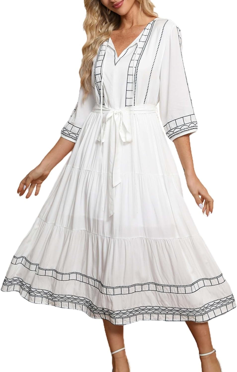 Boho Embroidered Floral Dress European Ethnic Style 3/4 Sleeve V Neck ...