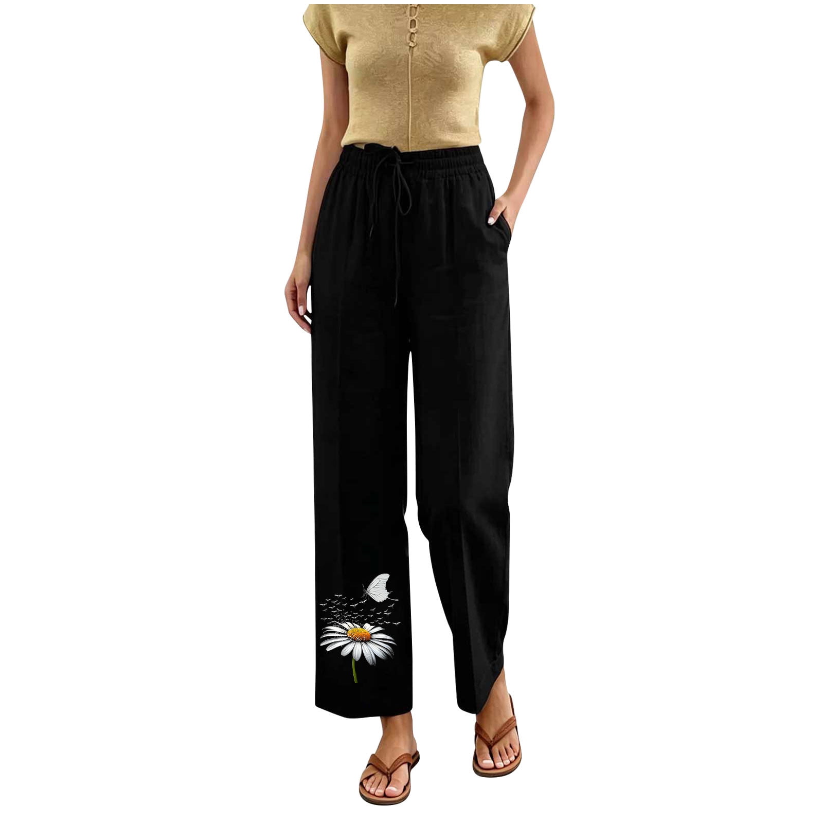 Boho Embroidered Floral Pants for Women Summer Cotton Linen High Waist ...