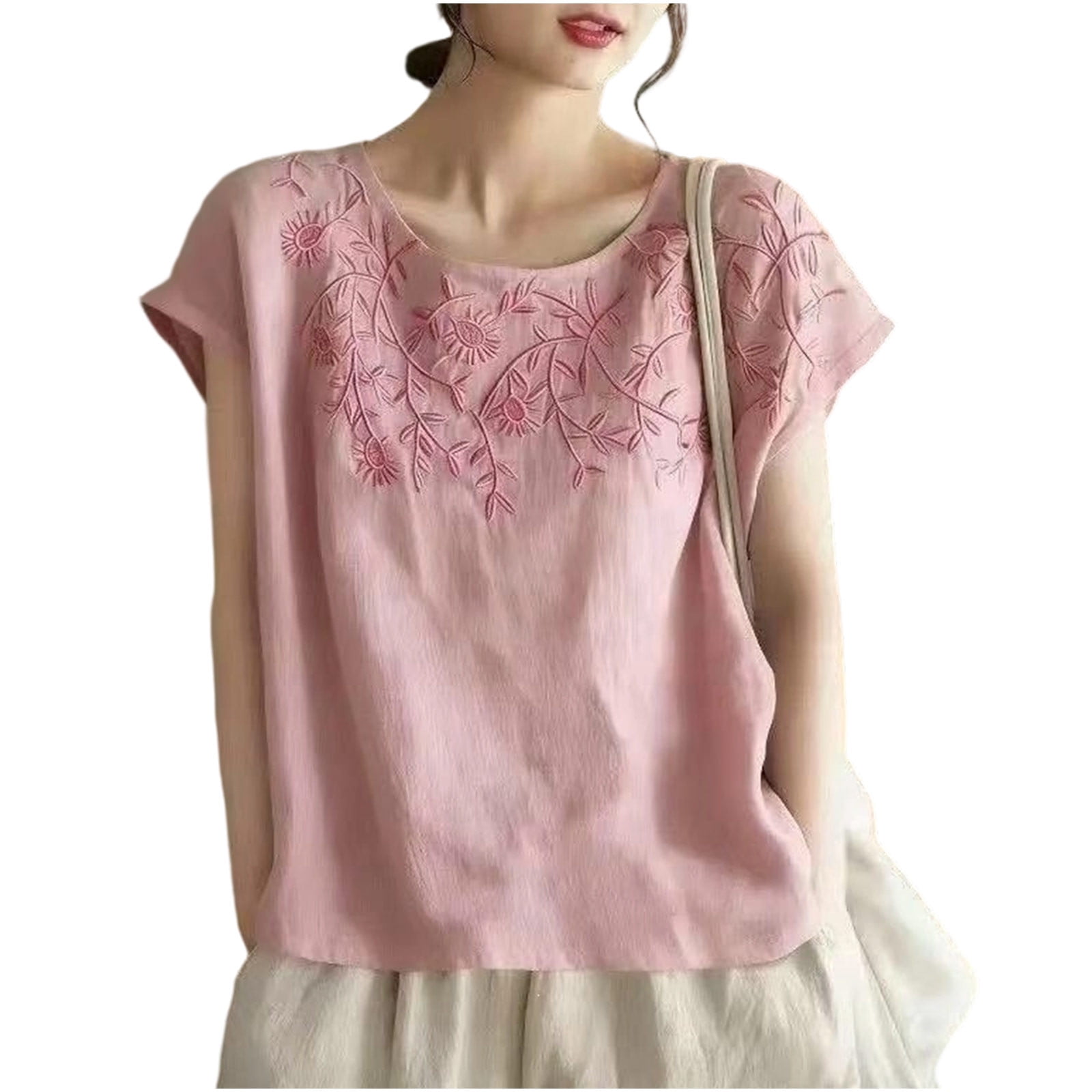 Boho Embroidered Linen Shirts for Women Short Sleeve Summer Crewneck ...