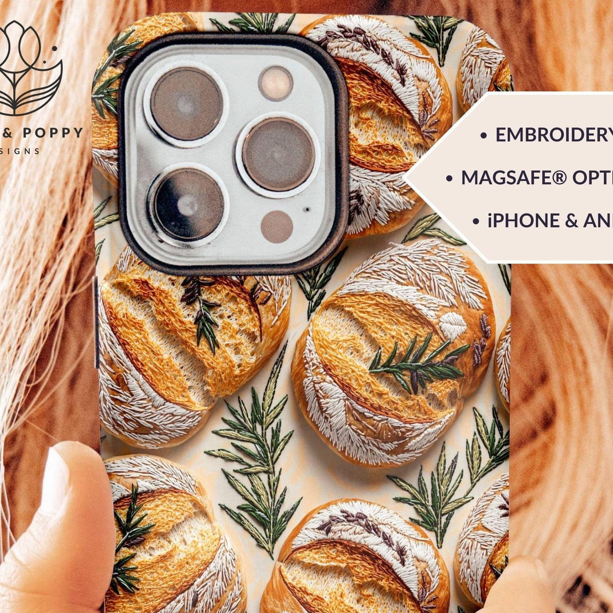 Boho Embroidered Look Phone Case with a Sourdough Bread Design for a Baker for 17 16 15 14 13 12 ...