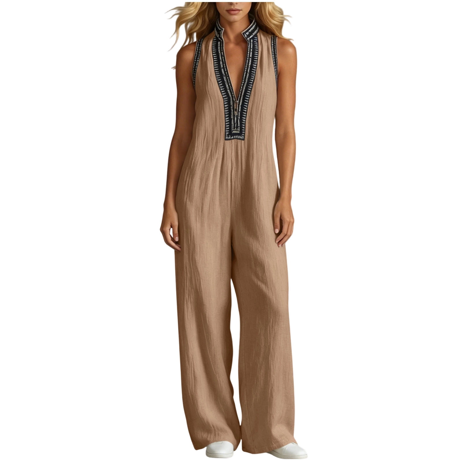 Boho Embroidered Stand Collar Linen Jumpsuit for Women Dressy Zip Up ...
