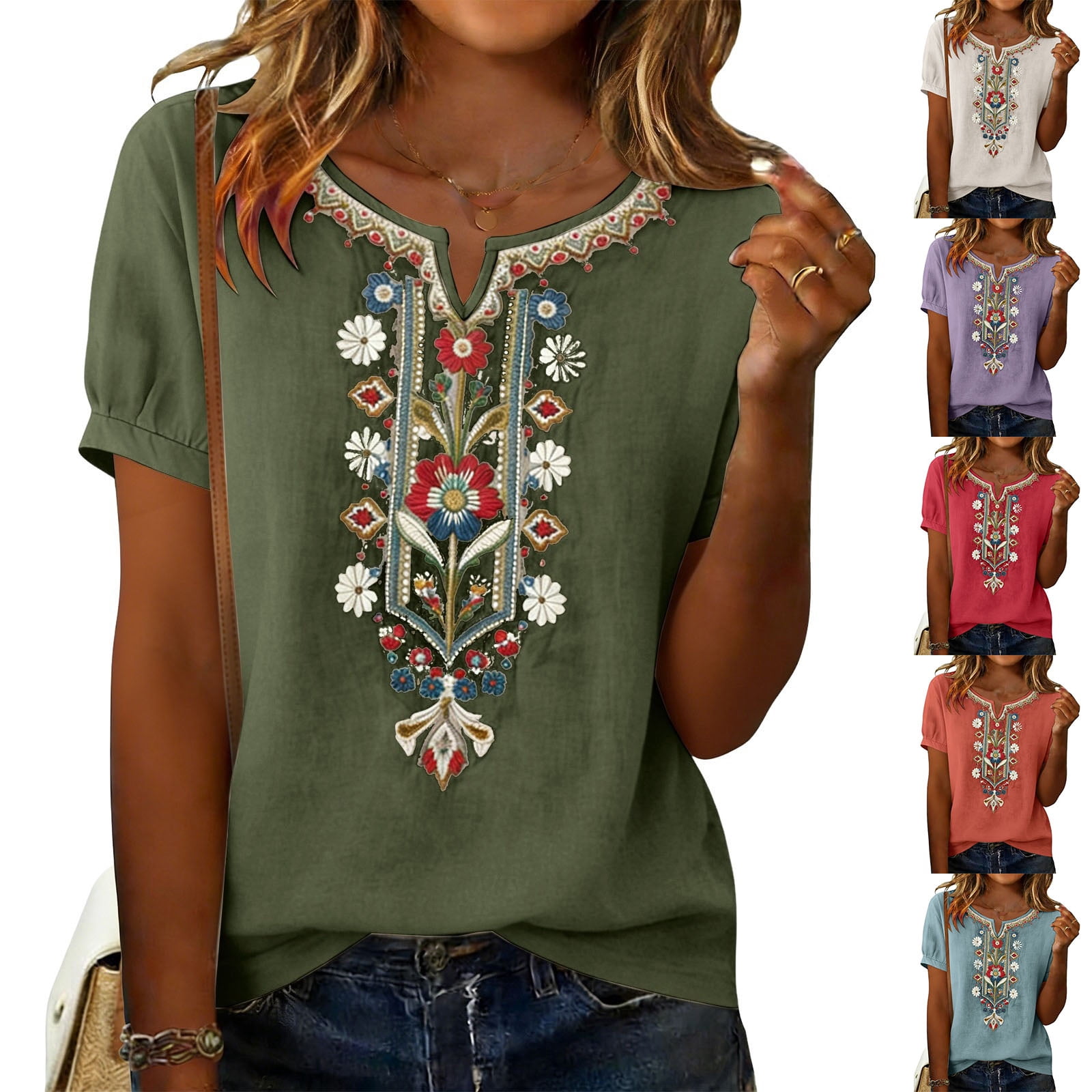 Boho Embroidered Top for Women, Short Sleeve Split V-Neck Tunic Blouse ...
