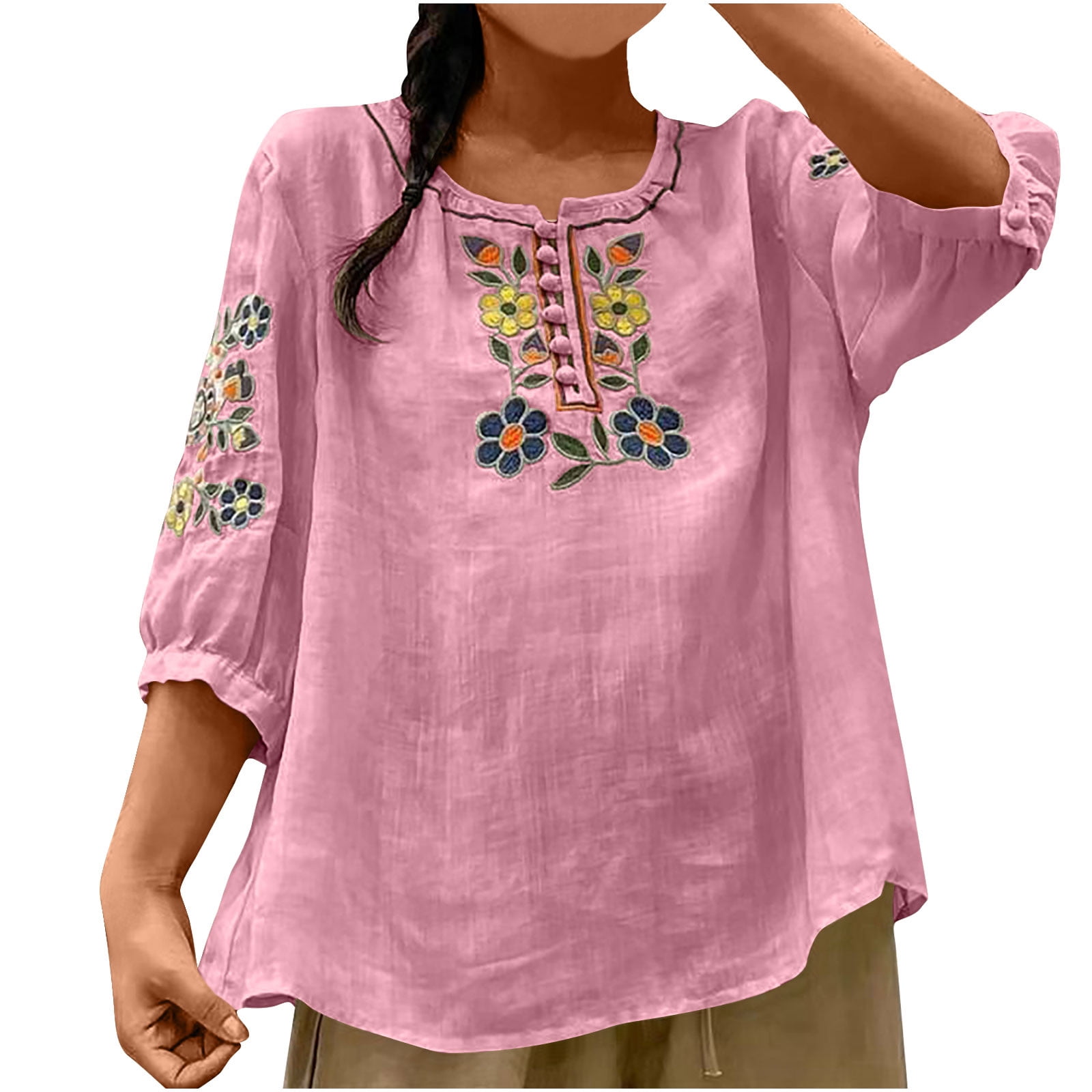 Boho Embroidered Tops for Women 2025 Cotton Linen Peasant Blouses ...