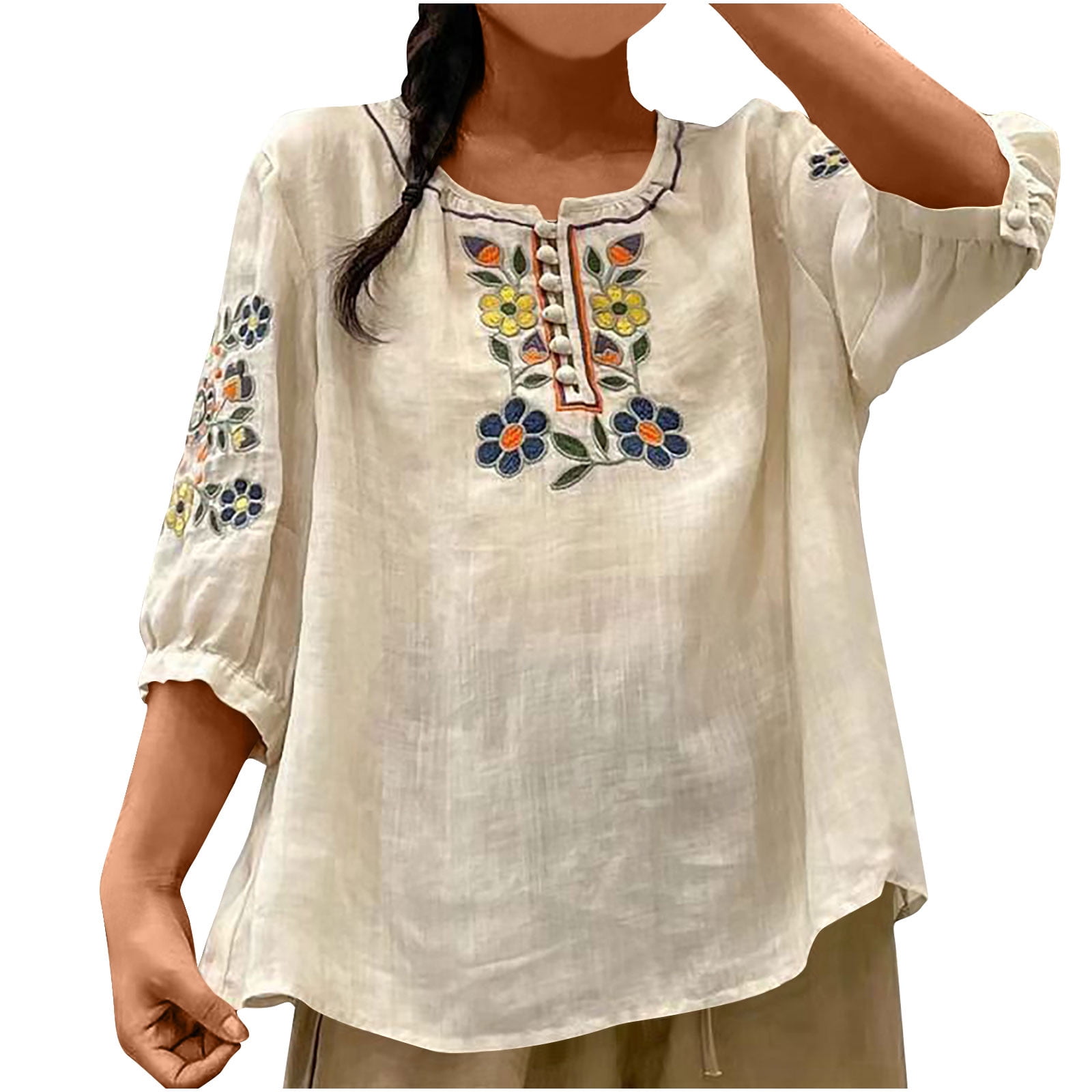Boho Embroidered Tops for Women 2025 Cotton Linen Peasant Blouses ...