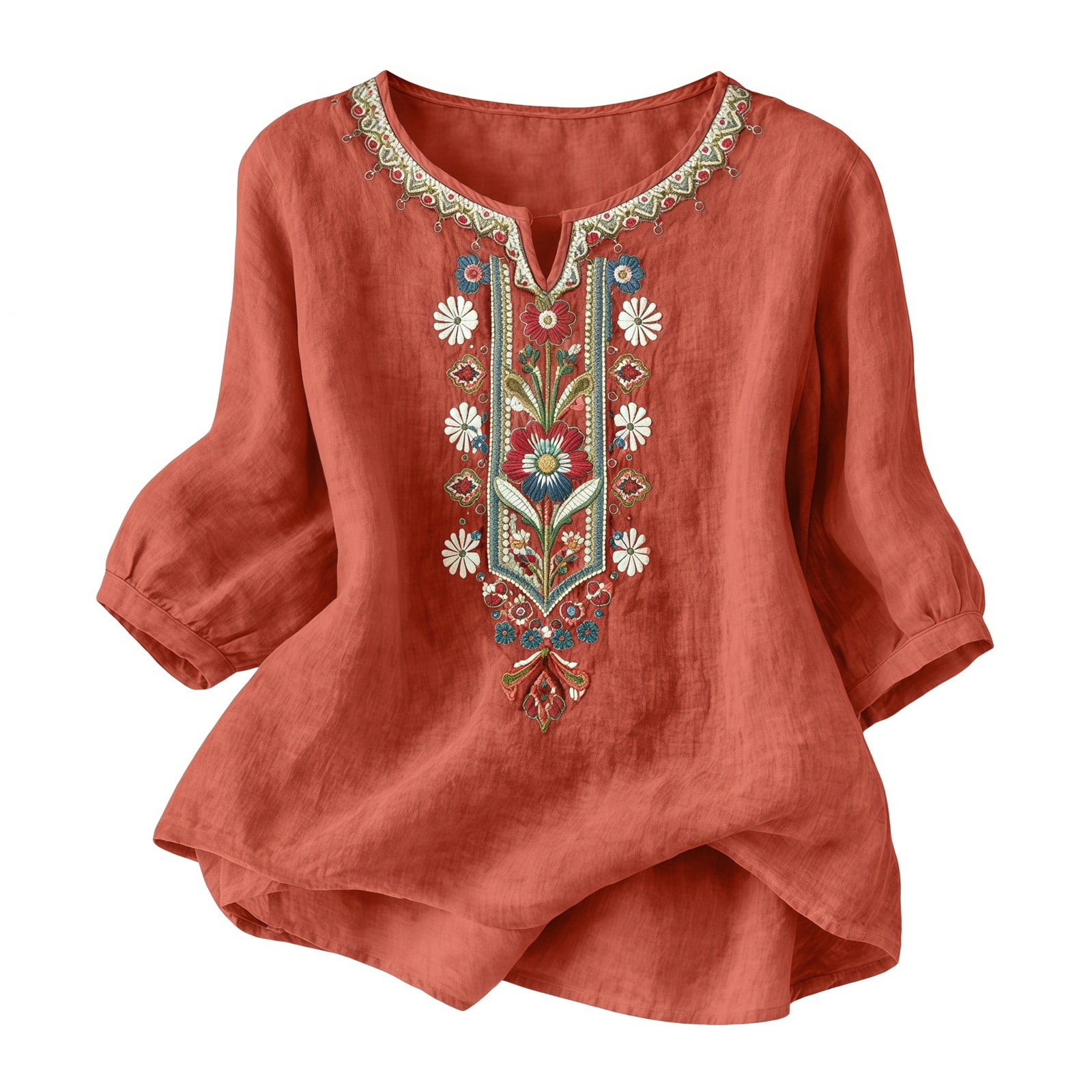 Boho Embroidered Tops for Women - Cotton Linen Shirts 3/4 Sleeve V Neck ...