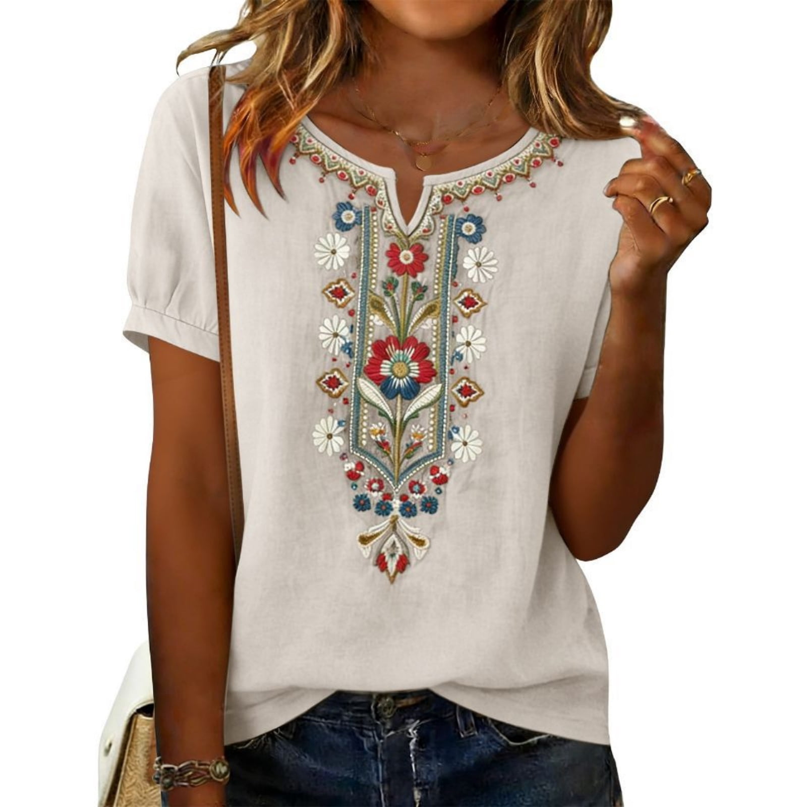 Boho Embroidered Tops for Women - Cotton Linen Shirts Short Sleeve V ...