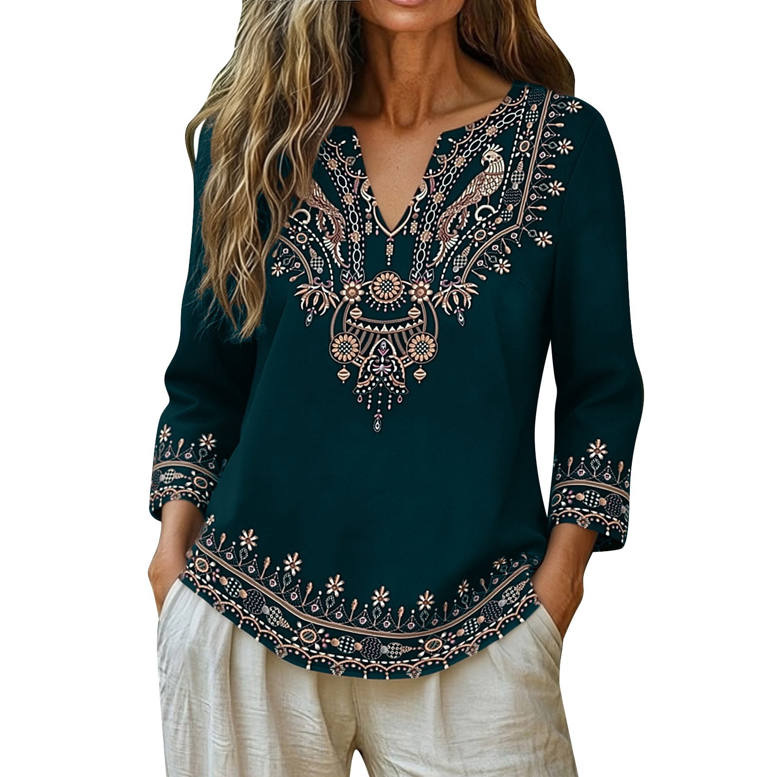 Boho Embroidery Mexican Bohemian Tops V Neck 3/4 Sleeve Causal Loose ...