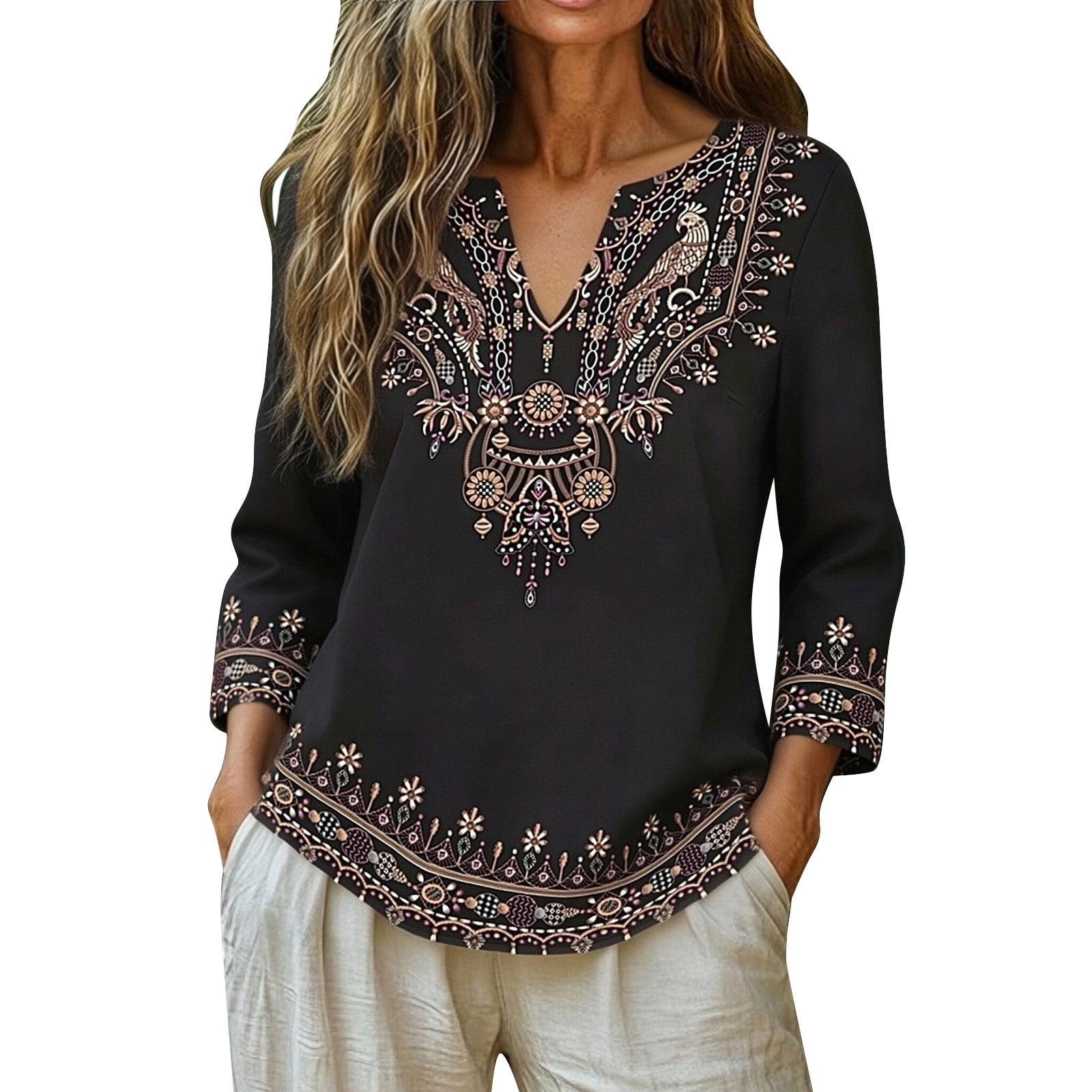 Boho Embroidery Mexican Bohemian Tops V Neck 3/4 Sleeve Causal Loose ...