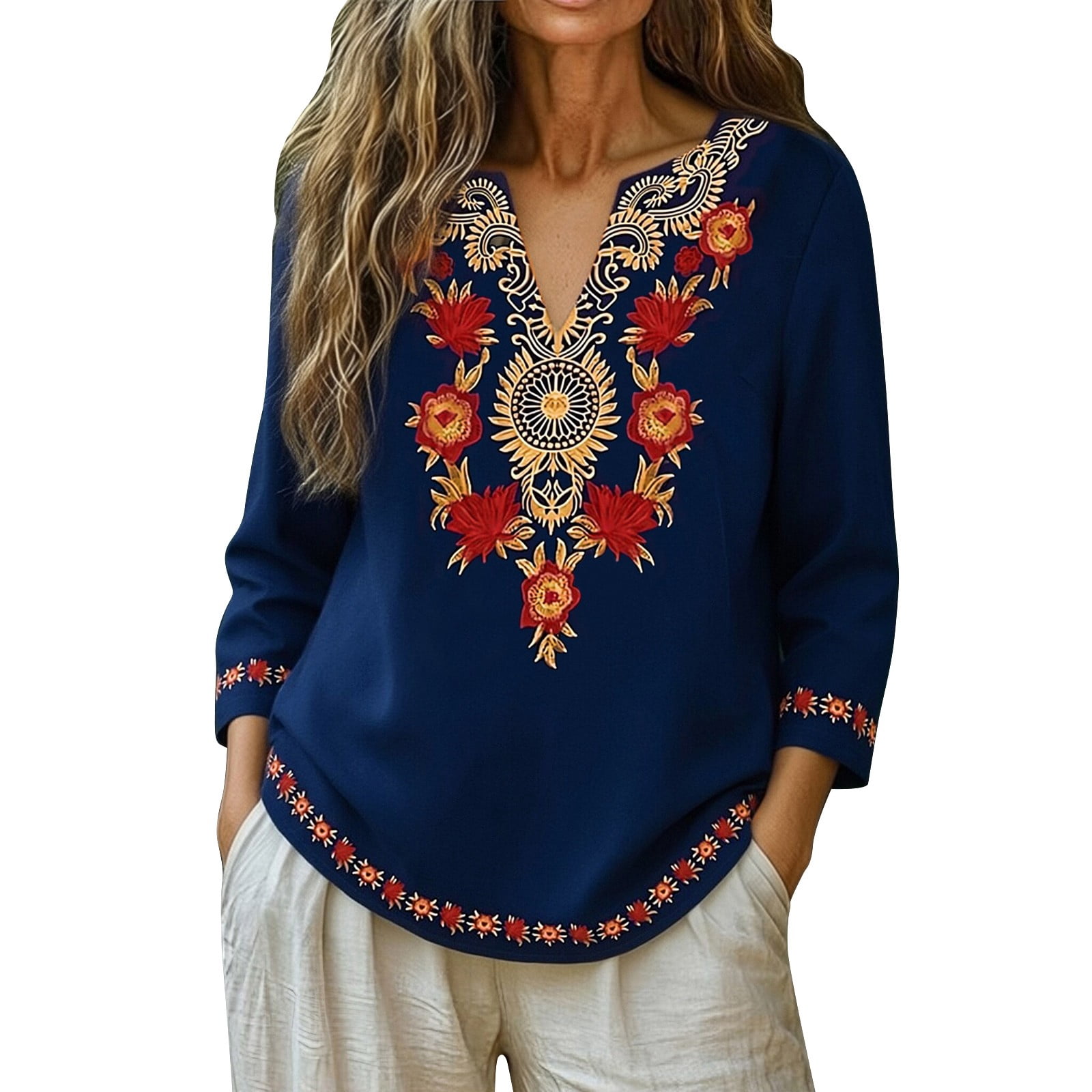 Boho Embroidery Mexican Bohemian Tops V Neck 3/4 Sleeve Causal Loose ...