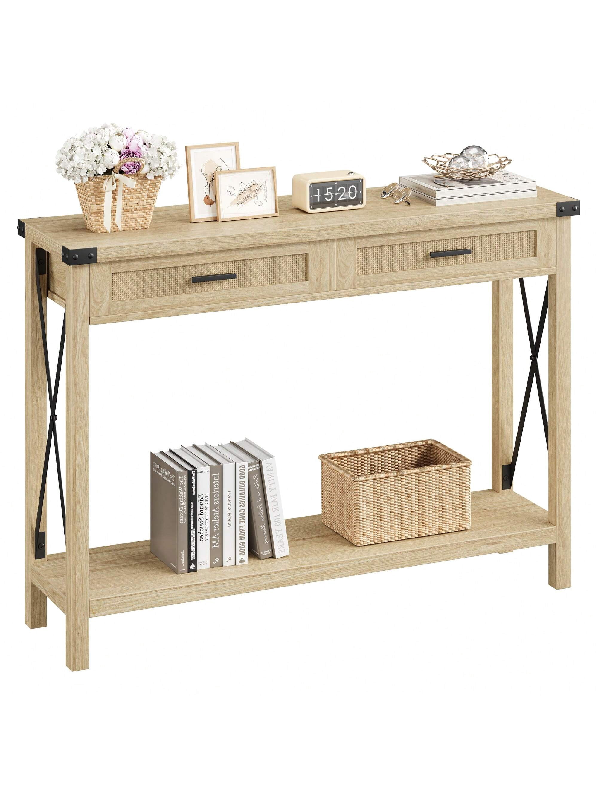 Boho Entryway Table With Rattan Drawers, Console Table For Entryway, 43 ...