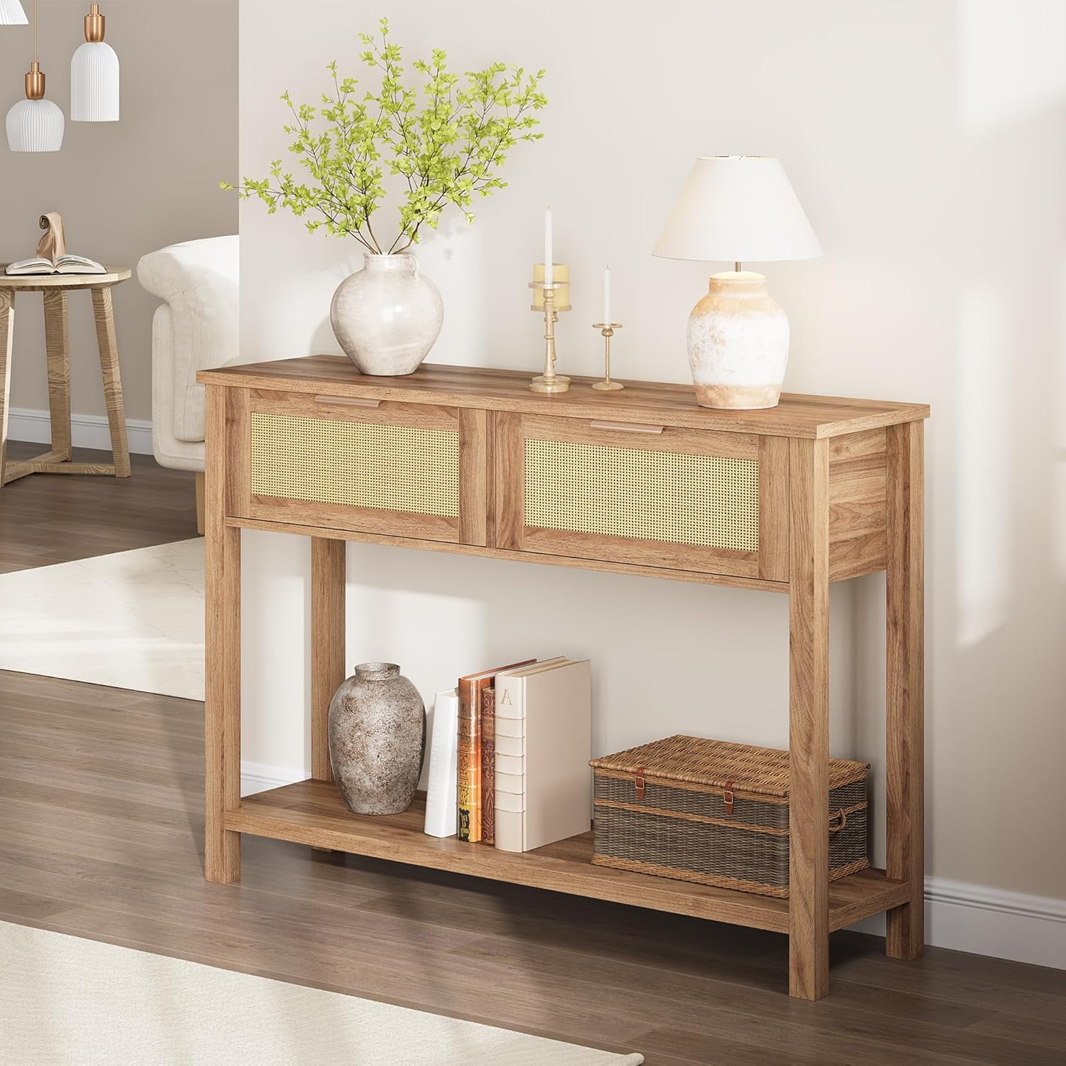 Boho Entryway Table with Rattan Drawers, Grey Console Table for ...