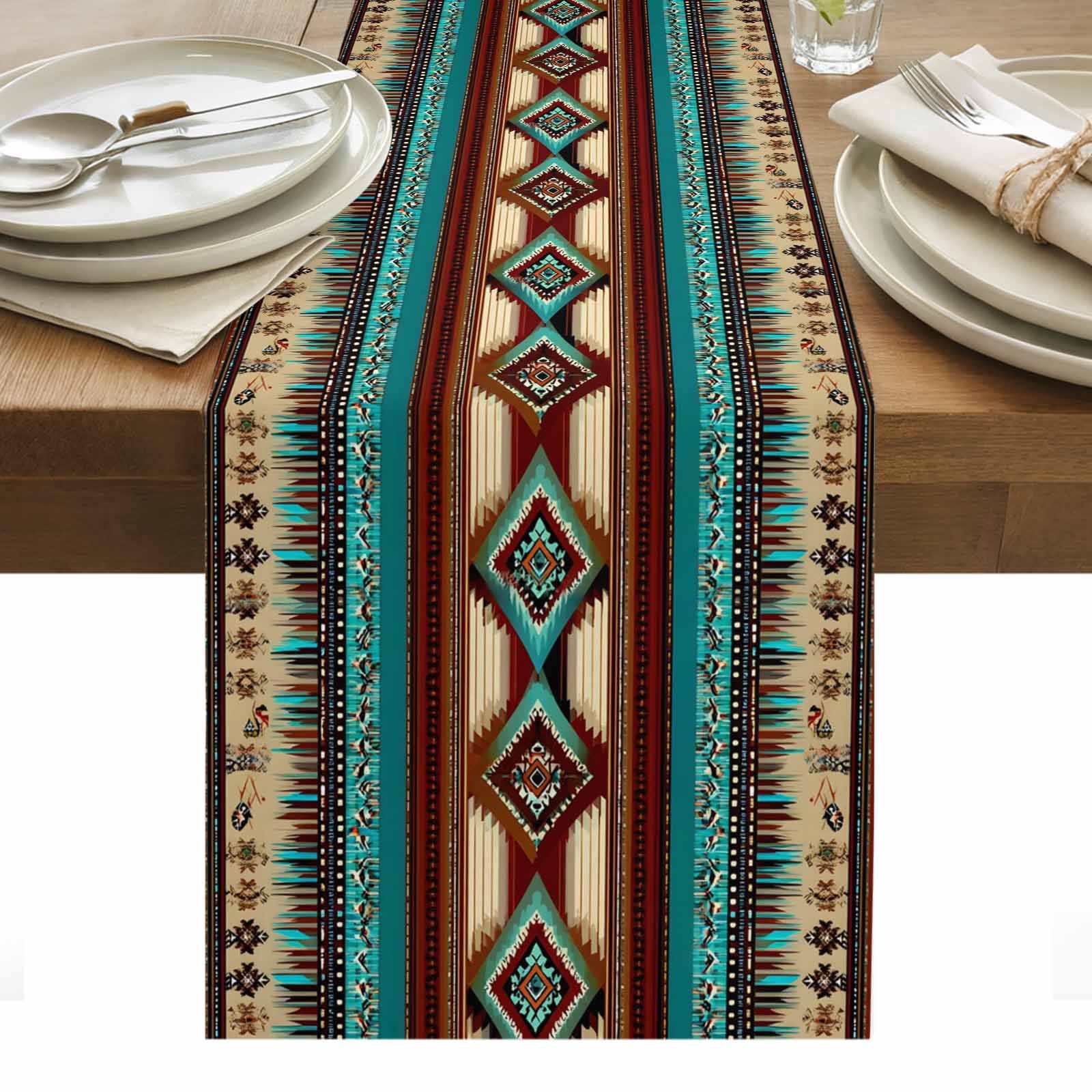 Boho Ethic Cotton Linen Table Runner Western Aztec Tribal Teal Brown ...
