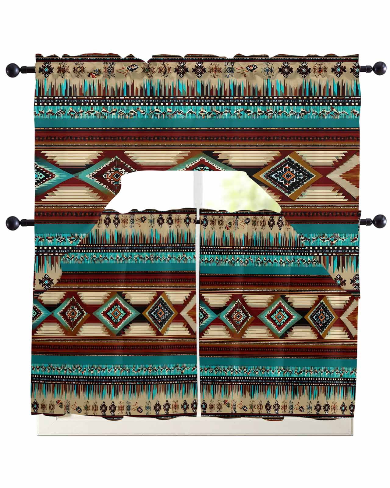 Boho Ethic Swag Valance for Window, 3 Piece Western Aztec Tribal Teal ...