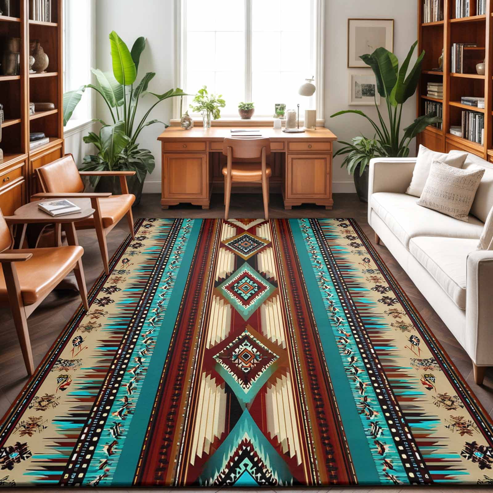 Boho Ethic Washable Area Rug 3 x 5 ft Western Aztec Tribal Teal Brown ...