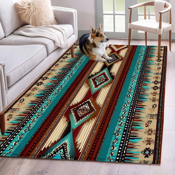 Boho Ethic Washable Area Rug 4x6 Western Aztec Tribal Teal Brown ...
