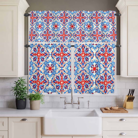 Boho Ethnic Blue Red Floral Curtain Tier and Valance Set 3 Piece ...