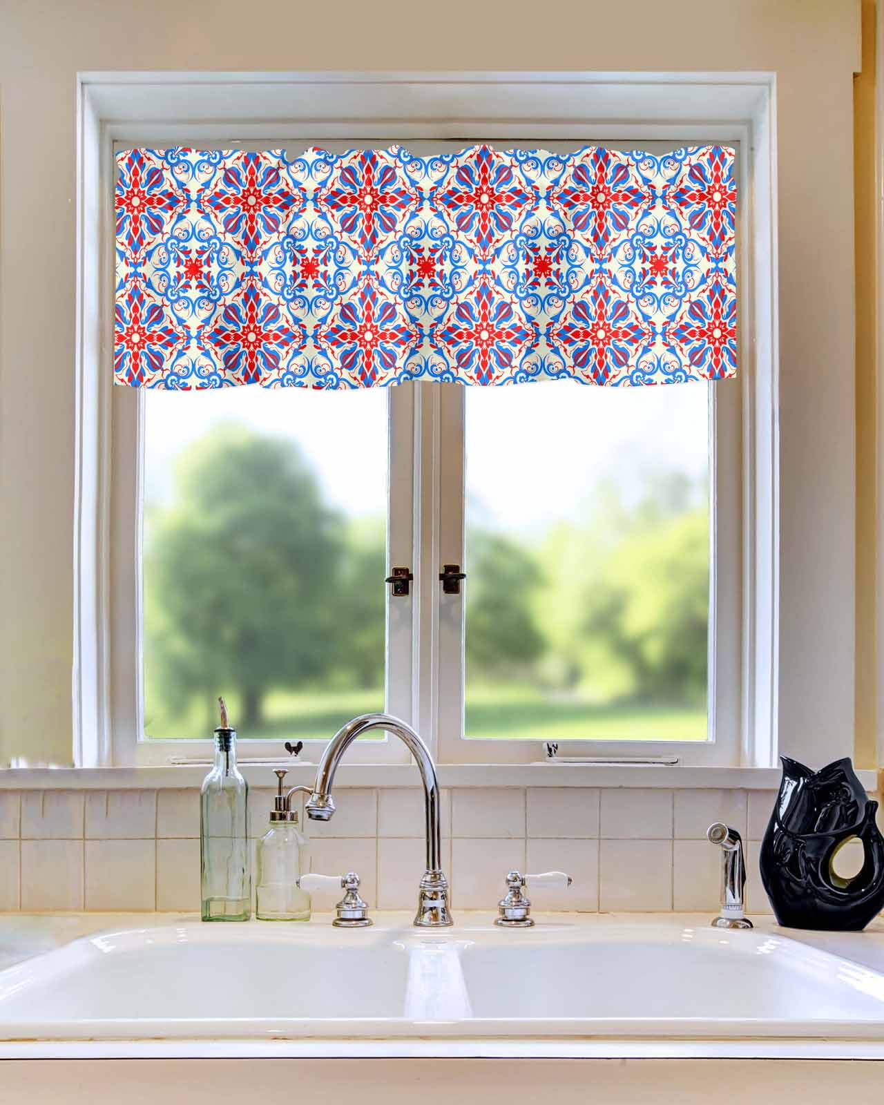 Boho Ethnic Blue Red Floral Window Valances for Kitchen,Rod Pocket ...
