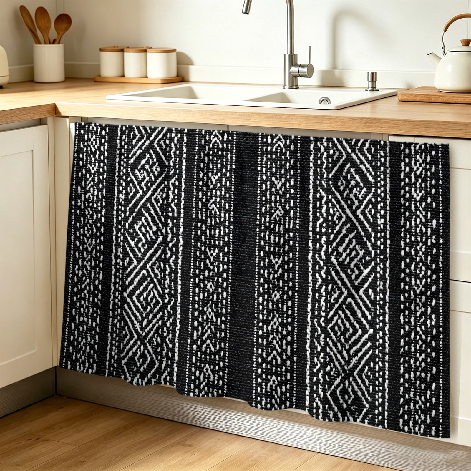 Boho Ethnic Cabinet Curtain 28"W x 51"L, Black Tribal Abstract Motif ...