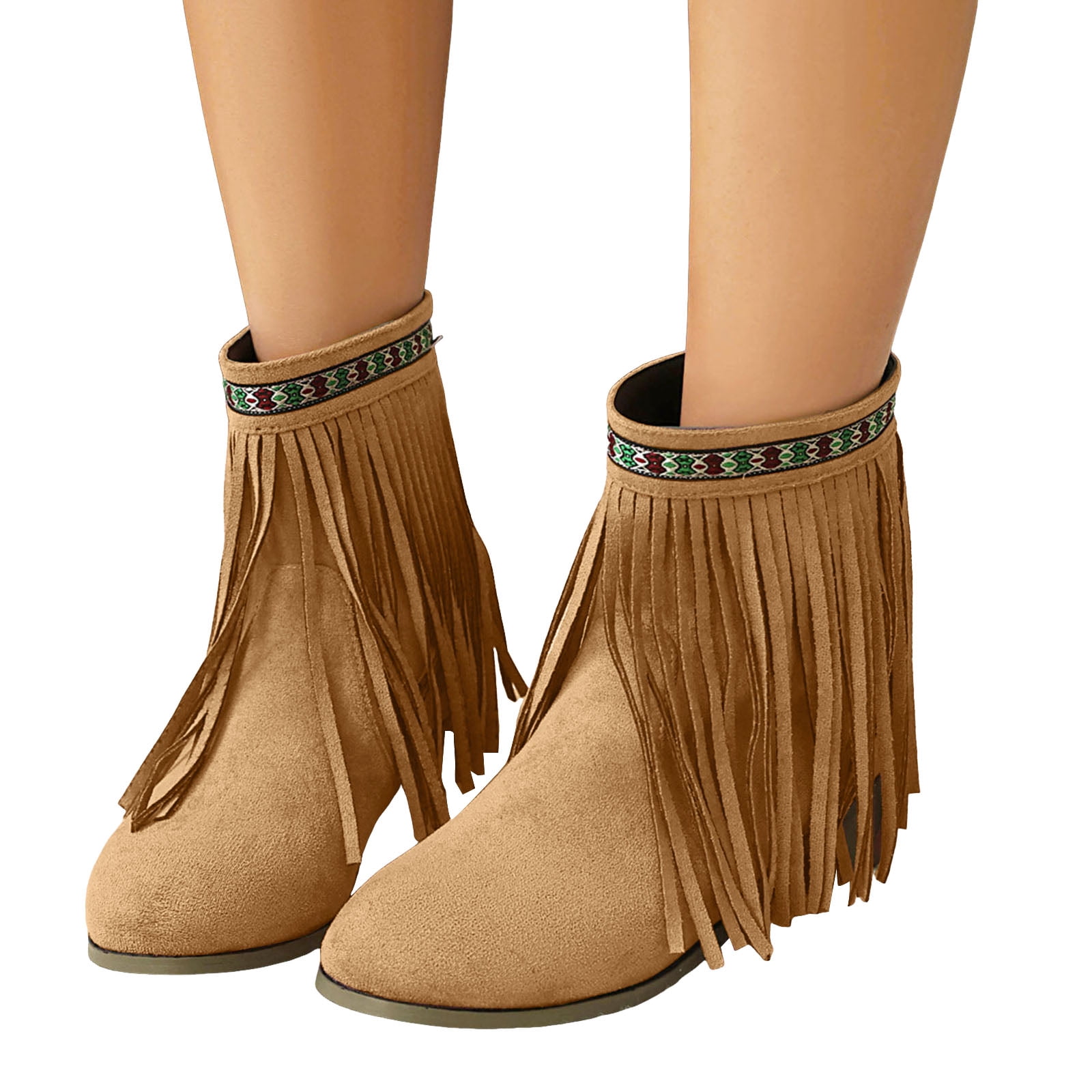 Boho Ethnic Cowboy Boots for Women Bohemian Long Fringe Suede Pointed ...