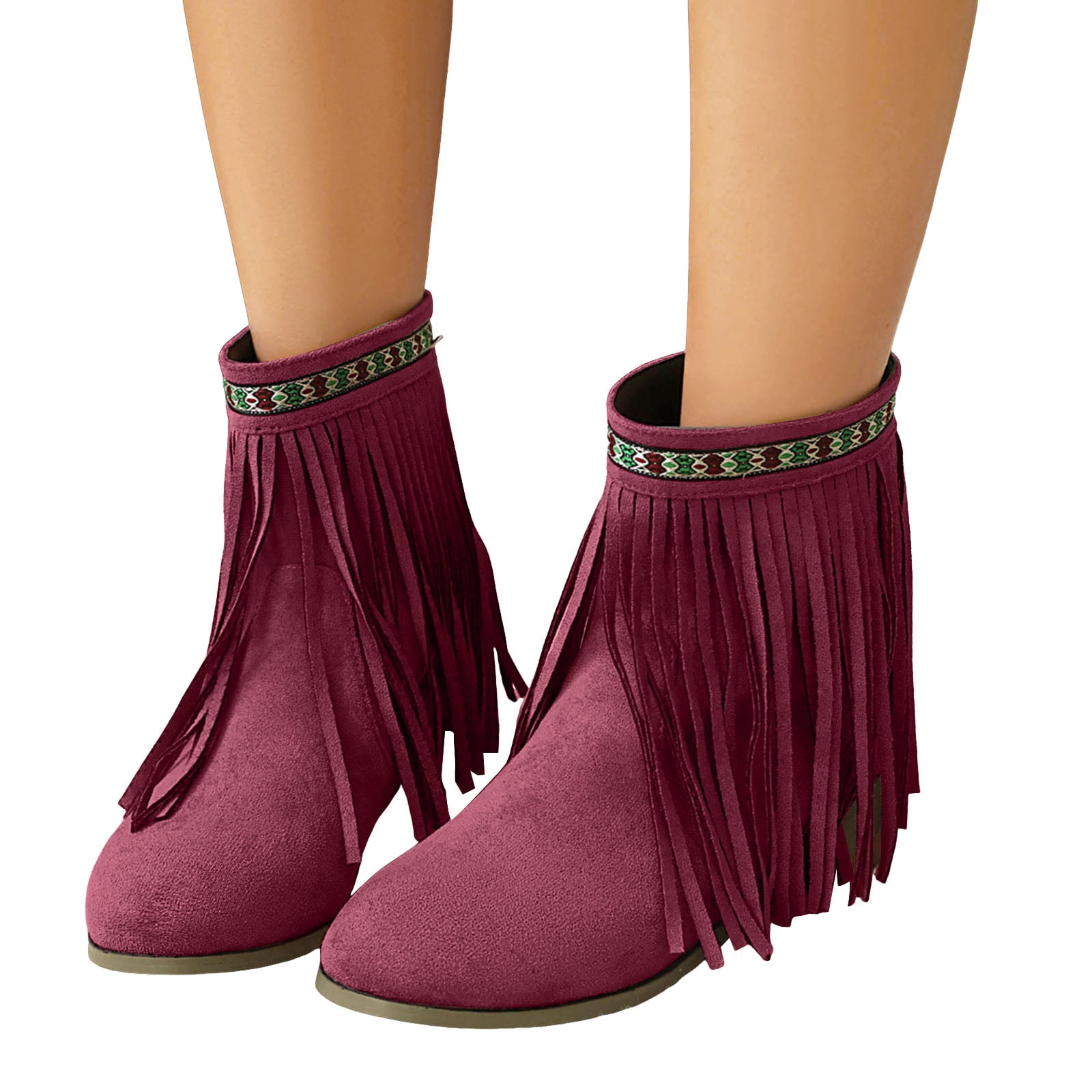 Boho Ethnic Cowboy Boots for Women Bohemian Long Fringe Suede Pointed ...