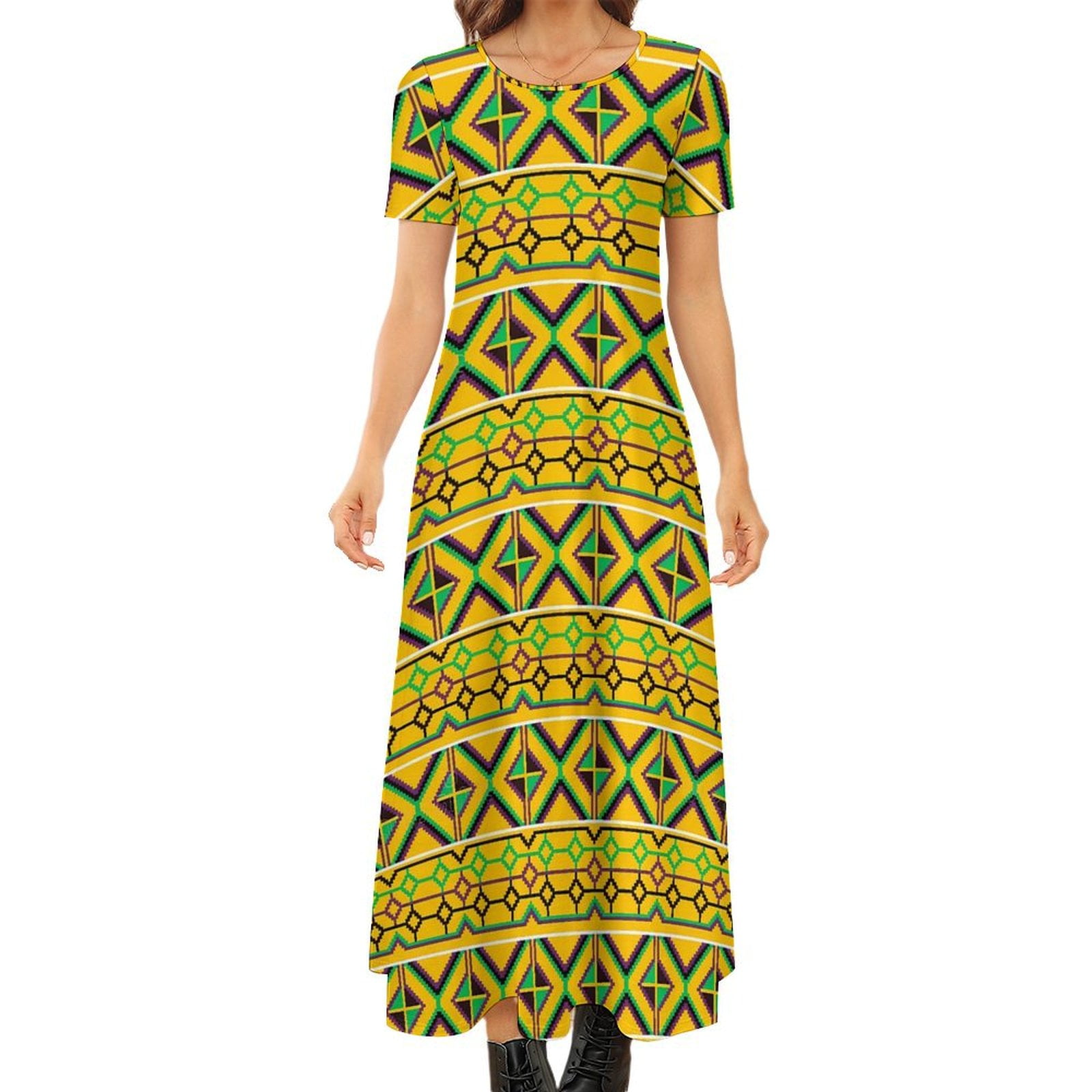 Boho Ethnic Dress Green And Yellow Korean Fashion Boho Beach Long ...