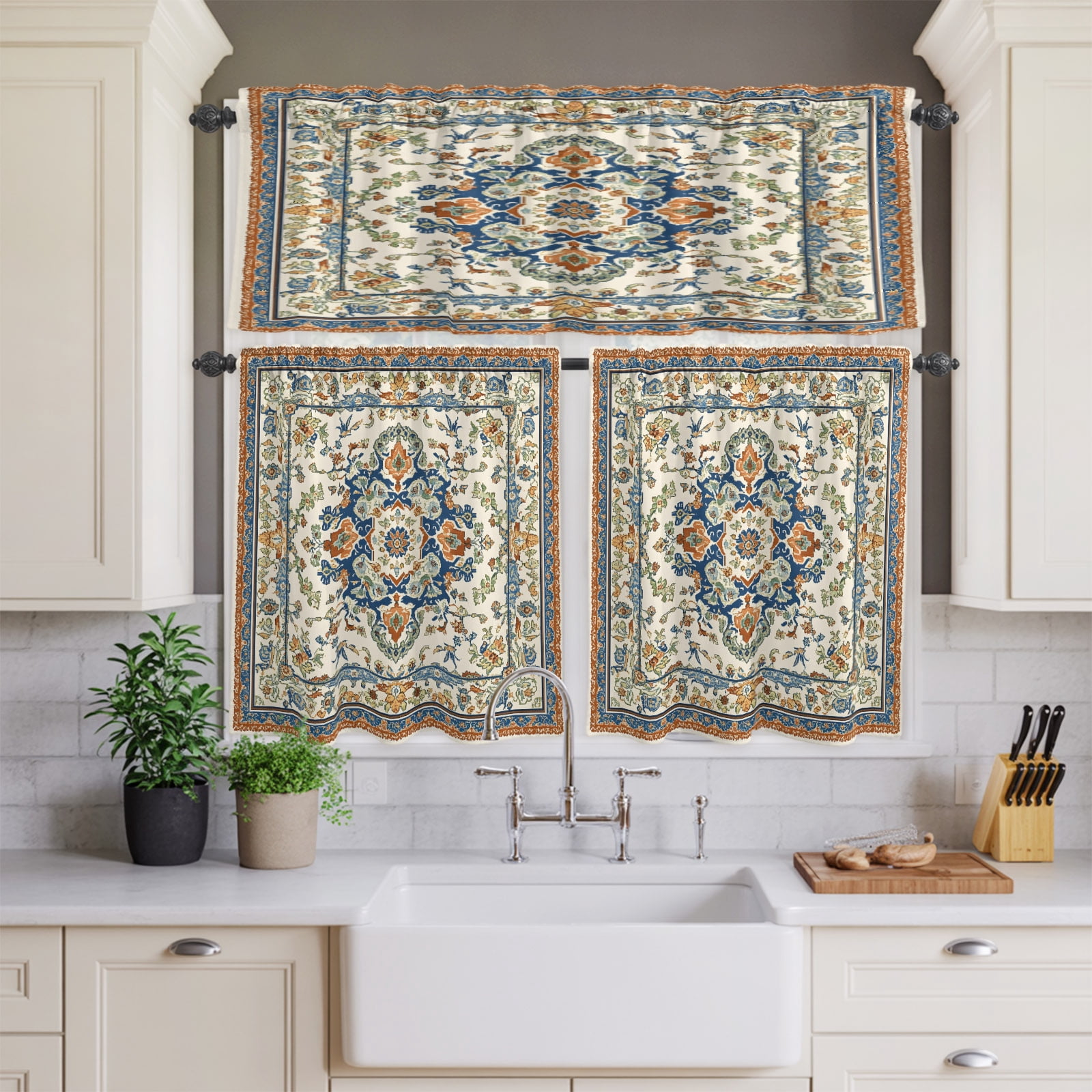 Boho Ethnic Flower Leaves Art Curtain Tier and Valance Set 3 Piece ...