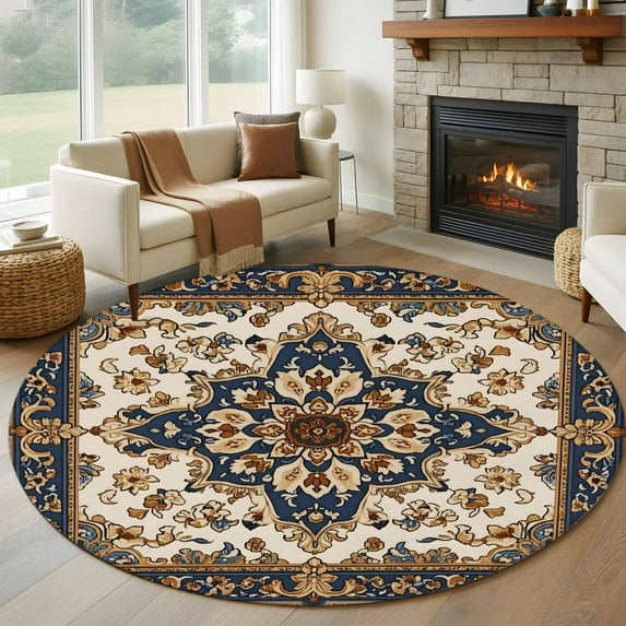 Boho Ethnic Round Area Rug 5 FT, Non Slip Bedroom Rugs, Vintage ...