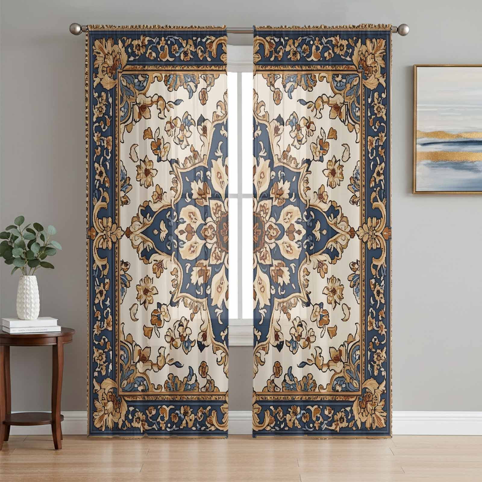 Boho Ethnic Semi Sheer Curtains 84 Inch Length 2 Panels Set, Vintage ...