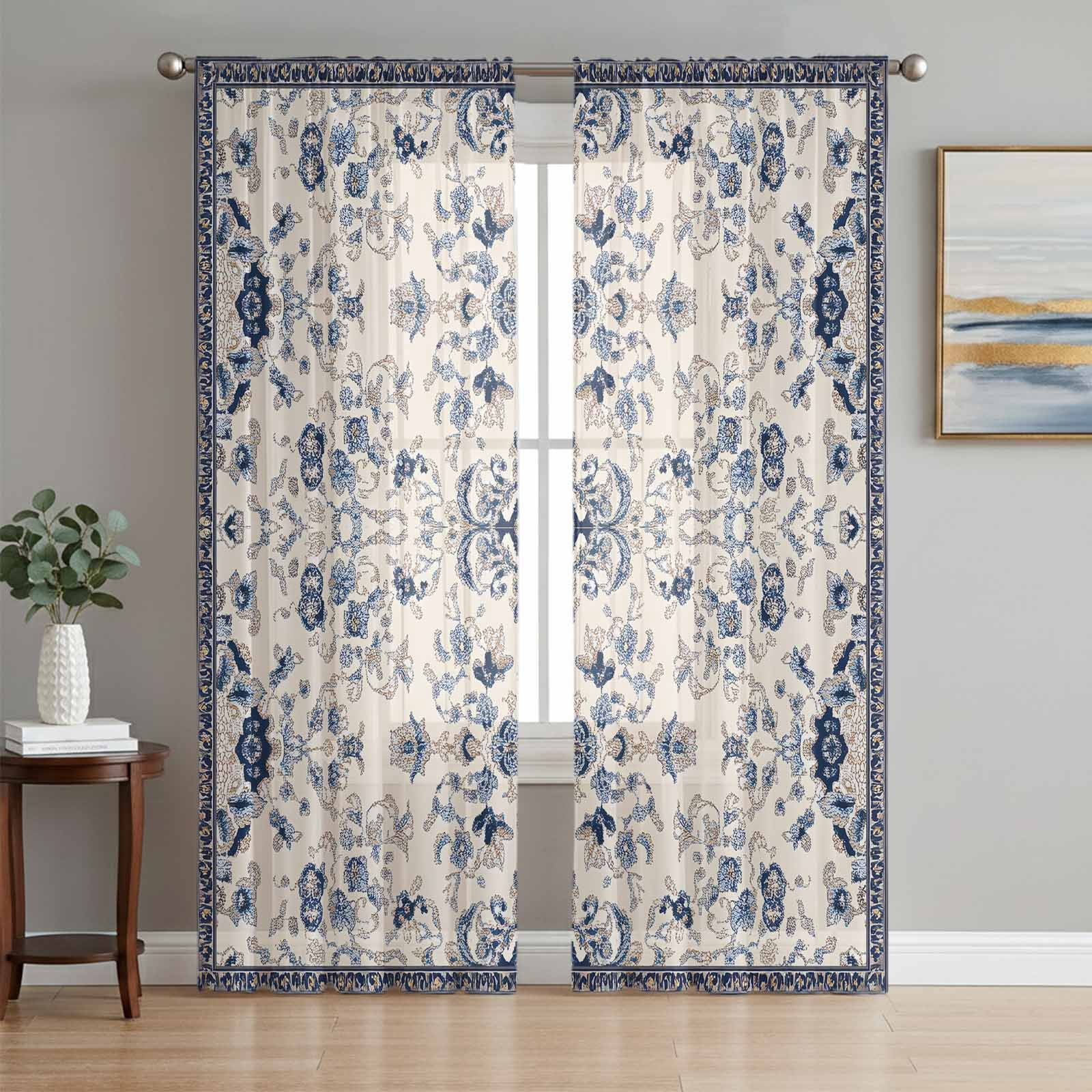 Boho Ethnic Sheer Curtains 96 Inch Length 2 Panels Set, Vintage Shabby ...